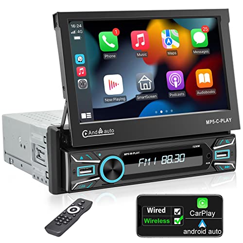 Single Din Touchscreen Car Stereo Wireless CarPlay Android Auto 7 Inch Motorized Flip Out Car Radio Player Mirror Link Flip Up Retractable Touch Screen Head Unit FM Car Audio Receiver USB/TF/AUX Port