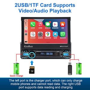 Single Din Touchscreen Car Stereo Wireless CarPlay Android Auto 7 Inch Motorized Flip Out Car Radio Player Mirror Link Flip Up Retractable Touch Screen Head Unit FM Car Audio Receiver USB/TF/AUX Port