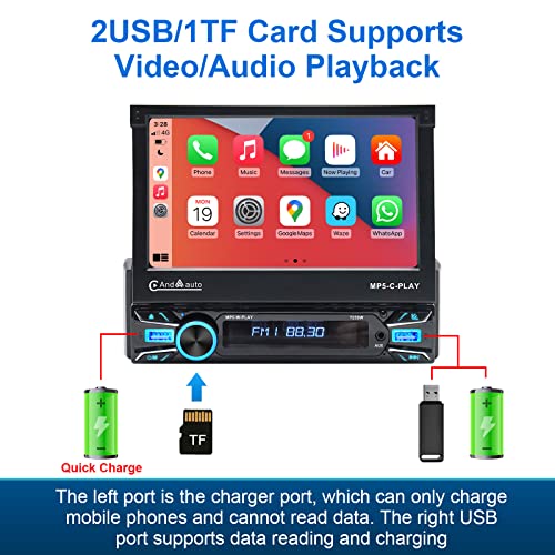 Single Din Touchscreen Car Stereo Wireless CarPlay Android Auto 7 Inch Motorized Flip Out Car Radio Player Mirror Link Flip Up Retractable Touch Screen Head Unit FM Car Audio Receiver USB/TF/AUX Port