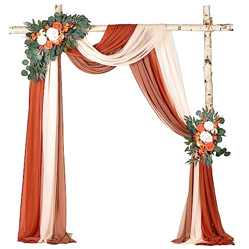 DearHouse 3 Panel Wedding Arch Draping Fabric,29.5" x18Ft Pearl Fabric Drapes for Wedding Sheer Backdrop (Champagne+Terracotta+Caramel)