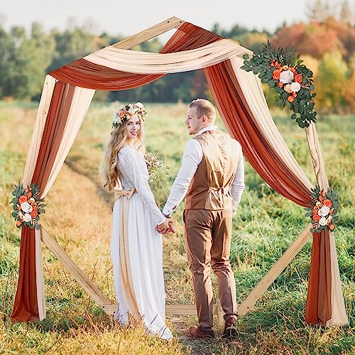 DearHouse 3 Panel Wedding Arch Draping Fabric,29.5" x18Ft Pearl Fabric Drapes for Wedding Sheer Backdrop (Champagne+Terracotta+Caramel)