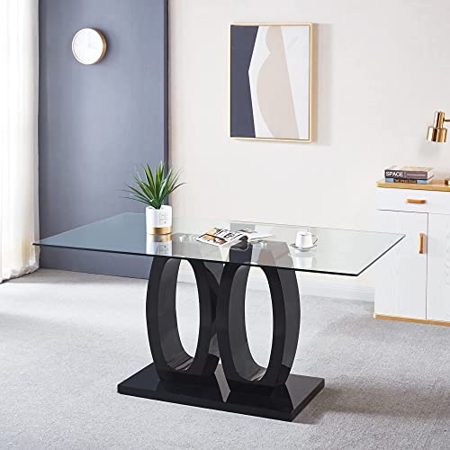 Pvillez Glass Dining Table for 6 People, 63" Modern Glass Dinner Kitchen Table for Dining Room Kitchen, Rectangular Glass Top Dining Table with Black High Gloss Dual Oval Base Pedestal Dining Table