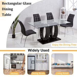 Pvillez Glass Dining Table for 6 People, 63" Modern Glass Dinner Kitchen Table for Dining Room Kitchen, Rectangular Glass Top Dining Table with Black High Gloss Dual Oval Base Pedestal Dining Table