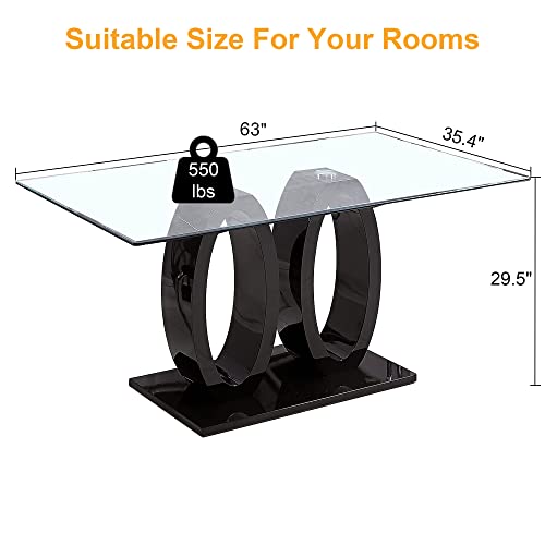 Pvillez Glass Dining Table for 6 People, 63" Modern Glass Dinner Kitchen Table for Dining Room Kitchen, Rectangular Glass Top Dining Table with Black High Gloss Dual Oval Base Pedestal Dining Table