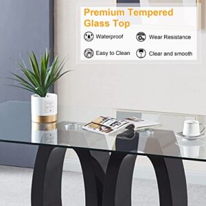 Pvillez Glass Dining Table for 6 People, 63" Modern Glass Dinner Kitchen Table for Dining Room Kitchen, Rectangular Glass Top Dining Table with Black High Gloss Dual Oval Base Pedestal Dining Table