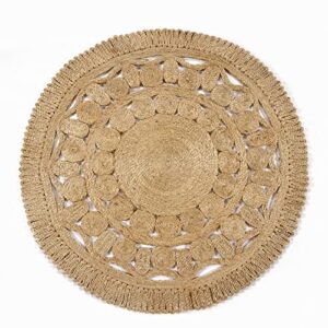 gruhum handwoven jute area rug- 4ft round-natural fiber boho soft braided rustic vintage beige reversible ecofriendly rugs- farmhouse indoor ecofriendly kitchen bedroom living room hallways 4'ftround