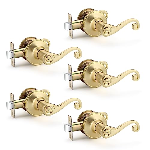 Bonpoly 5 Pack Gold Door Handles, Satin Brass Door Handle, Wave Handle Privacy Door Lever Bed/Bath Door Lockset, Right Handing