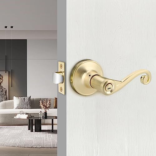 Bonpoly 5 Pack Gold Door Handles, Satin Brass Door Handle, Wave Handle Privacy Door Lever Bed/Bath Door Lockset, Right Handing