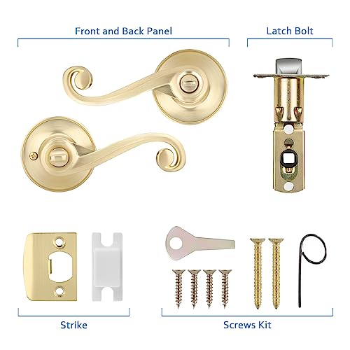 Bonpoly 5 Pack Gold Door Handles, Satin Brass Door Handle, Wave Handle Privacy Door Lever Bed/Bath Door Lockset, Right Handing