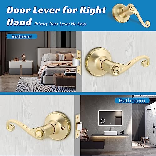 Bonpoly 5 Pack Gold Door Handles, Satin Brass Door Handle, Wave Handle Privacy Door Lever Bed/Bath Door Lockset, Right Handing