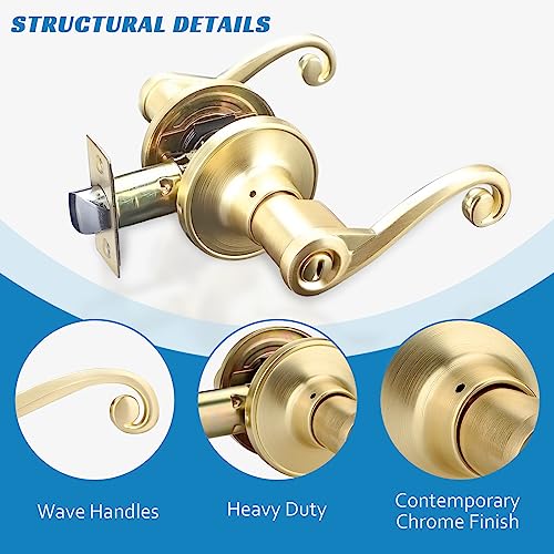 Bonpoly 5 Pack Gold Door Handles, Satin Brass Door Handle, Wave Handle Privacy Door Lever Bed/Bath Door Lockset, Right Handing