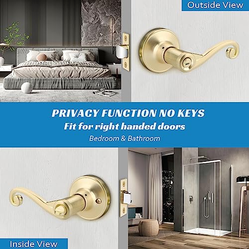 Bonpoly 5 Pack Gold Door Handles, Satin Brass Door Handle, Wave Handle Privacy Door Lever Bed/Bath Door Lockset, Right Handing