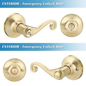 Bonpoly 5 Pack Gold Door Handles, Satin Brass Door Handle, Wave Handle Privacy Door Lever Bed/Bath Door Lockset, Right Handing