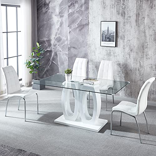 Pvillez Glass Dining Table for 6 People, 63" Modern Glass Dinner Kitchen Table for Dining Room Kitchen, Rectangular Glass Top Dining Table with White High Gloss Dual Oval Base Pedestal Dining Table