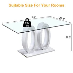 Pvillez Glass Dining Table for 6 People, 63" Modern Glass Dinner Kitchen Table for Dining Room Kitchen, Rectangular Glass Top Dining Table with White High Gloss Dual Oval Base Pedestal Dining Table