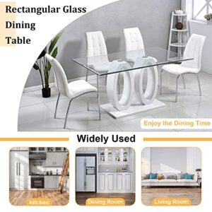 Pvillez Glass Dining Table for 6 People, 63" Modern Glass Dinner Kitchen Table for Dining Room Kitchen, Rectangular Glass Top Dining Table with White High Gloss Dual Oval Base Pedestal Dining Table