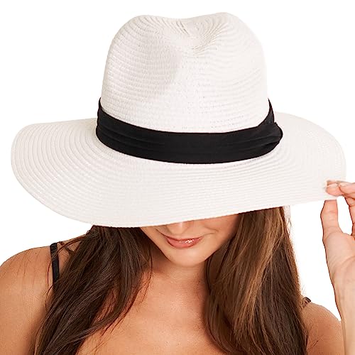 Happy Hippo Women's Wide Brim Straw Panama Hat Fedora Roll Up Beach Hat, Sun Hat UPF50+, Adjustable (White)