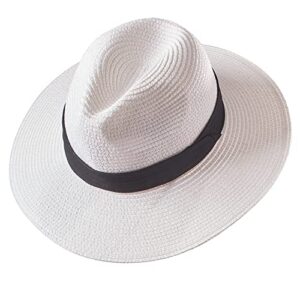 Happy Hippo Women's Wide Brim Straw Panama Hat Fedora Roll Up Beach Hat, Sun Hat UPF50+, Adjustable (White)