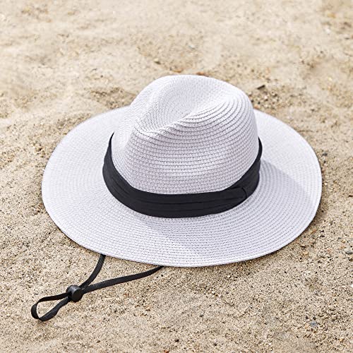 Happy Hippo Women's Wide Brim Straw Panama Hat Fedora Roll Up Beach Hat, Sun Hat UPF50+, Adjustable (White)