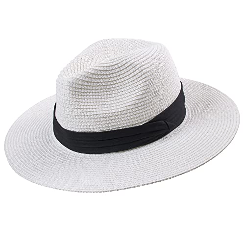 Happy Hippo Women's Wide Brim Straw Panama Hat Fedora Roll Up Beach Hat, Sun Hat UPF50+, Adjustable (White)