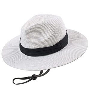 Happy Hippo Women's Wide Brim Straw Panama Hat Fedora Roll Up Beach Hat, Sun Hat UPF50+, Adjustable (White)