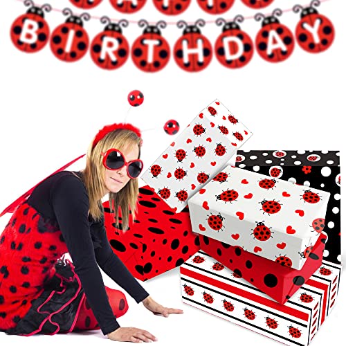 littkeef cliaet 16 Sheets Ladybug Fancy Gift Wrapping Paper Ladybug Wrapping Paper Set 3 Insect Design Ladybug Party Wrapping Paper for Ladybug Fancy Birthday Party Decoration 20'' x 27''