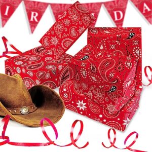 16 Sheets Western Party Gift Wrapping Paper Red Bandana Wrapping Paper Set 3 Design Cowboy Party Wrapping Paper for Western Cowboy Themed Party, Paisley Cowgirl Farm Party Decoration 20'' x 27''