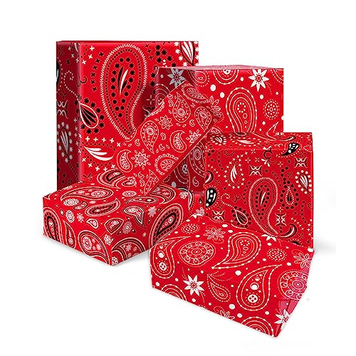 16 Sheets Western Party Gift Wrapping Paper Red Bandana Wrapping Paper Set 3 Design Cowboy Party Wrapping Paper for Western Cowboy Themed Party, Paisley Cowgirl Farm Party Decoration 20'' x 27''