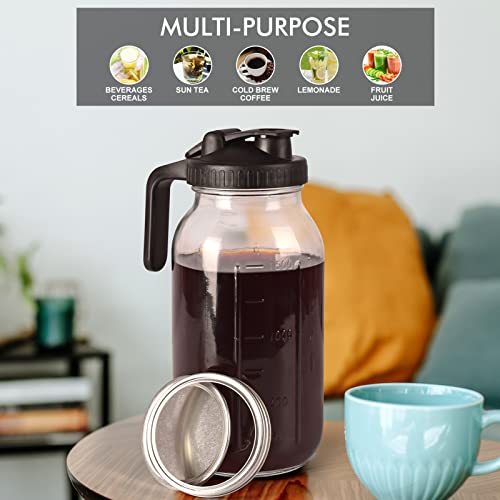 Cold Brew Mason Jar iced Coffee Maker, Durable Glass, - 64 oz (2 Quart / 1.9 Liter), With Handle& Stainless Steel Filter for Iced Brew Coffee, Lemonade, Ice Tea, Homemade Fruit Drinks Container