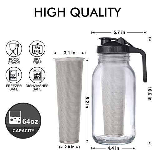 Cold Brew Mason Jar iced Coffee Maker, Durable Glass, - 64 oz (2 Quart / 1.9 Liter), With Handle& Stainless Steel Filter for Iced Brew Coffee, Lemonade, Ice Tea, Homemade Fruit Drinks Container