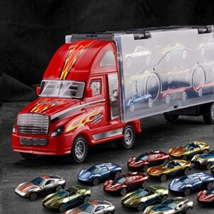 toy truck transport car carrier - 18 sport cars in truck toys, toys for boys and girls age 3-10 yrs old, ideal party christmas birthday gift for kids