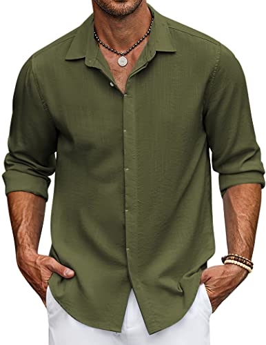 COOFANDY Men's Linen Shirt Long Sleeve Casual Button Up Shirt Beach Shirt for Men Summer Wedding Shirt Army Green