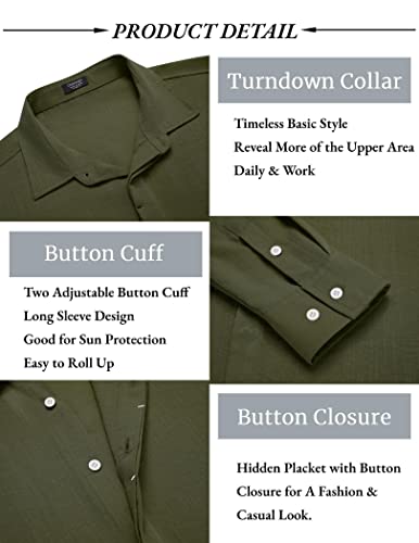 COOFANDY Men's Linen Shirt Long Sleeve Casual Button Up Shirt Beach Shirt for Men Summer Wedding Shirt Army Green