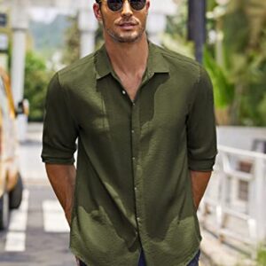 COOFANDY Men's Linen Shirt Long Sleeve Casual Button Up Shirt Beach Shirt for Men Summer Wedding Shirt Army Green