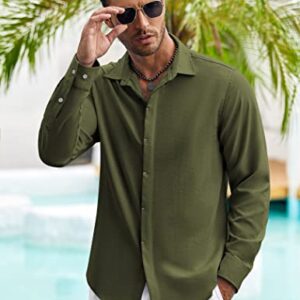 COOFANDY Men's Linen Shirt Long Sleeve Casual Button Up Shirt Beach Shirt for Men Summer Wedding Shirt Army Green