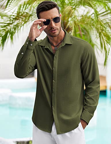 COOFANDY Men's Linen Shirt Long Sleeve Casual Button Up Shirt Beach Shirt for Men Summer Wedding Shirt Army Green