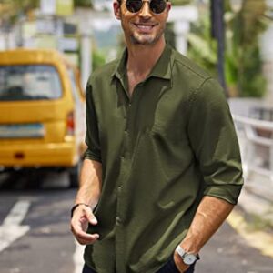 COOFANDY Men's Linen Shirt Long Sleeve Casual Button Up Shirt Beach Shirt for Men Summer Wedding Shirt Army Green