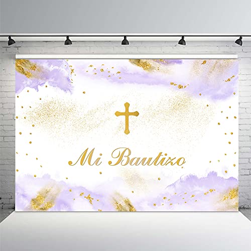 MEHOFOND 7x5ft Mi Bautizo Baptism Backdrop Mexican Gold Bless First Holy Communion Christening Banner Purple Watercolor Clouds Photography Background Party Decoration Photo Booth Props