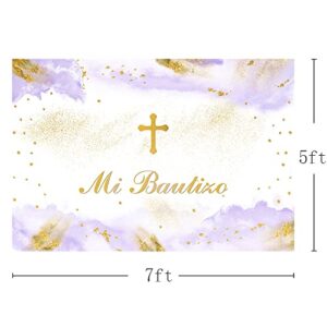 MEHOFOND 7x5ft Mi Bautizo Baptism Backdrop Mexican Gold Bless First Holy Communion Christening Banner Purple Watercolor Clouds Photography Background Party Decoration Photo Booth Props