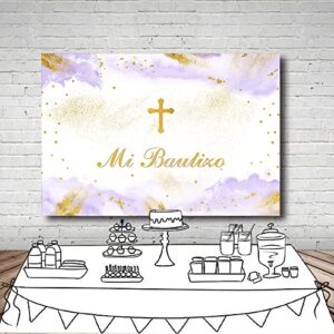 MEHOFOND 7x5ft Mi Bautizo Baptism Backdrop Mexican Gold Bless First Holy Communion Christening Banner Purple Watercolor Clouds Photography Background Party Decoration Photo Booth Props