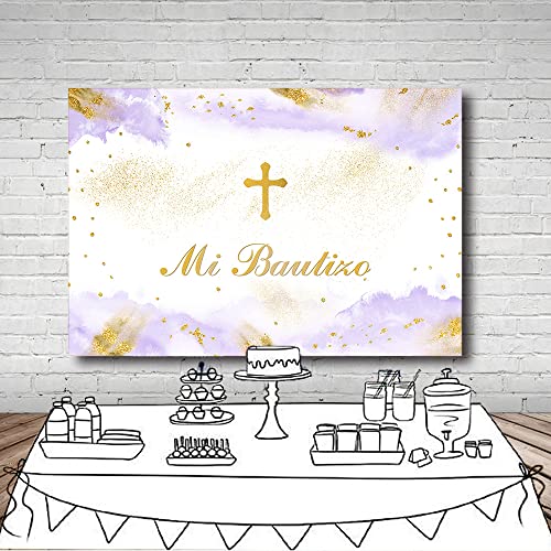 MEHOFOND 7x5ft Mi Bautizo Baptism Backdrop Mexican Gold Bless First Holy Communion Christening Banner Purple Watercolor Clouds Photography Background Party Decoration Photo Booth Props