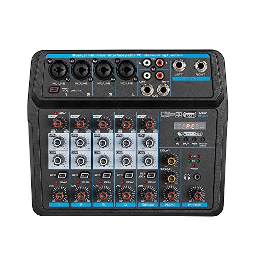 Xuthusman 6 Channel USB Professional Live Studio Audio Mixer Power Mixing Contrl Phantom Bluetooth DJ Mic Audio Mixer LED Digital Display Music Stream(6 Channel)