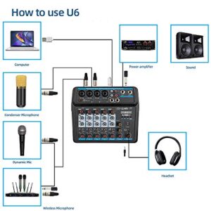 Xuthusman 6 Channel USB Professional Live Studio Audio Mixer Power Mixing Contrl Phantom Bluetooth DJ Mic Audio Mixer LED Digital Display Music Stream(6 Channel)