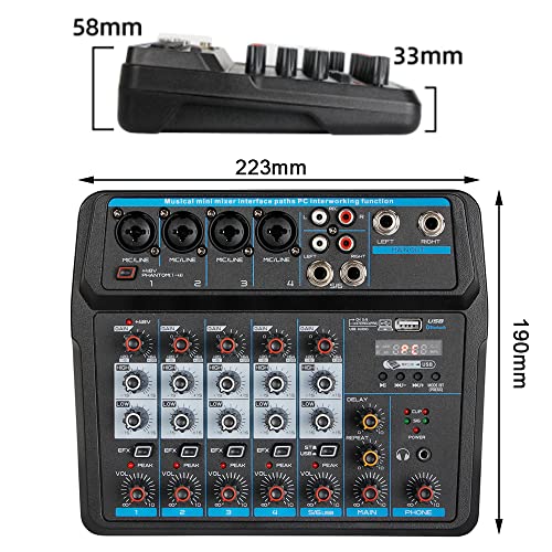 Xuthusman 6 Channel USB Professional Live Studio Audio Mixer Power Mixing Contrl Phantom Bluetooth DJ Mic Audio Mixer LED Digital Display Music Stream(6 Channel)