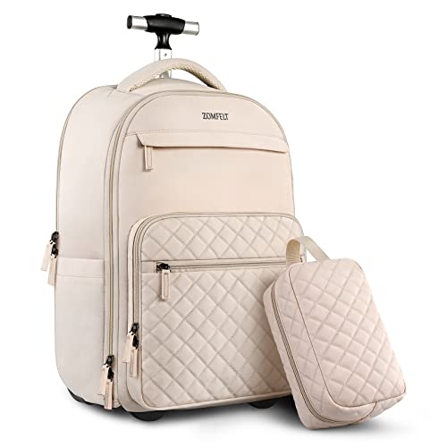 ZOMFELT Rolling Backpack for Women, Travel Backpack with Wheels, 17 Inch Laptop Backpack with Toiletry Bag, Carry on Luggage Wheeled Backpack for Travel Trip Business Beige