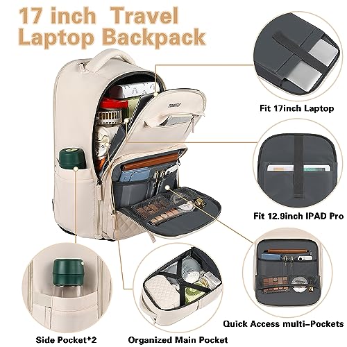 ZOMFELT Rolling Backpack for Women, Travel Backpack with Wheels, 17 Inch Laptop Backpack with Toiletry Bag, Carry on Luggage Wheeled Backpack for Travel Trip Business Beige