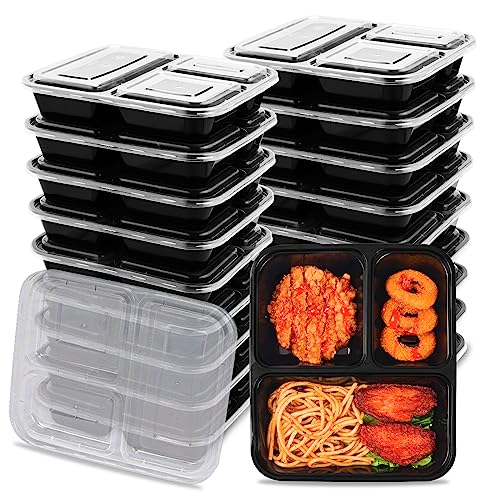 Moretoes 20 Pack 32 oz Meal Prep Containers 3 Compartment Food Storages with Lids, Disposable Bento Box for Lunch Microwave/Freezer/Dishwasher Safe