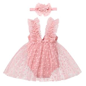 IMEKIS First Birthday Outfit Girl:Boho Romper Princess Dress Headband 1st Valentines Day Baby Cake Smash born Photography Easter Dresses for Toddler Infant Christening Pink Floral 0-6 Months