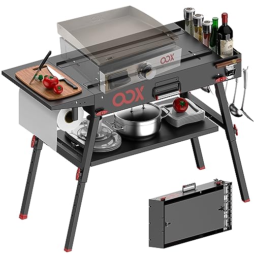 OOX Portable Grill Table with Double-Shelf for Outdoor Prep,Folding Grill Stand Fits Blackstone Griddle 17 Inch 22 Inch, Tabletop Propane Gas Grill, Camping BBQ Cooking, Stainless Steel, Black