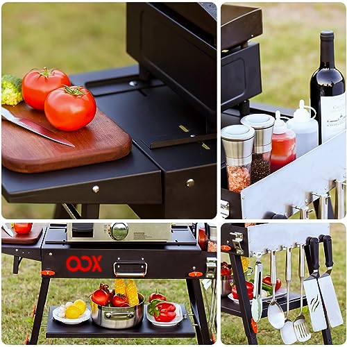 OOX Portable Grill Table with Double-Shelf for Outdoor Prep,Folding Grill Stand Fits Blackstone Griddle 17 Inch 22 Inch, Tabletop Propane Gas Grill, Camping BBQ Cooking, Stainless Steel, Black